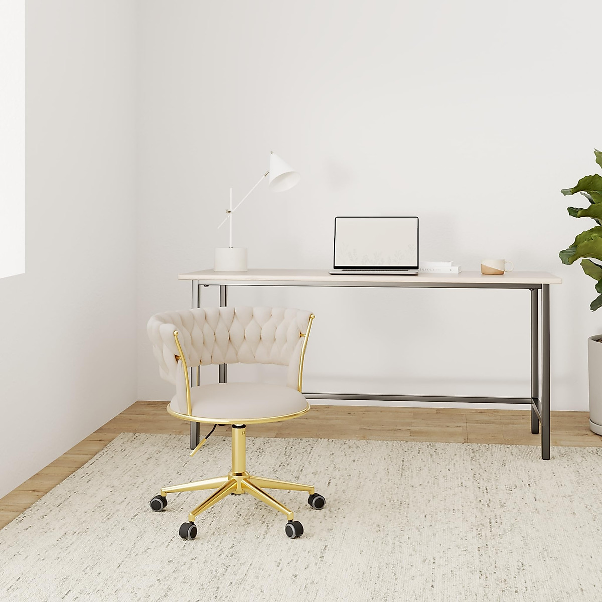 NIOIIKIT Velvet Office Desk Chair with Hand Woven Backrest, 360° Swivel & Height Adjustable Task Chairs, Makeup Chair, Living Room Chairs with Stainless Base and 5 Wheels (Ivory)