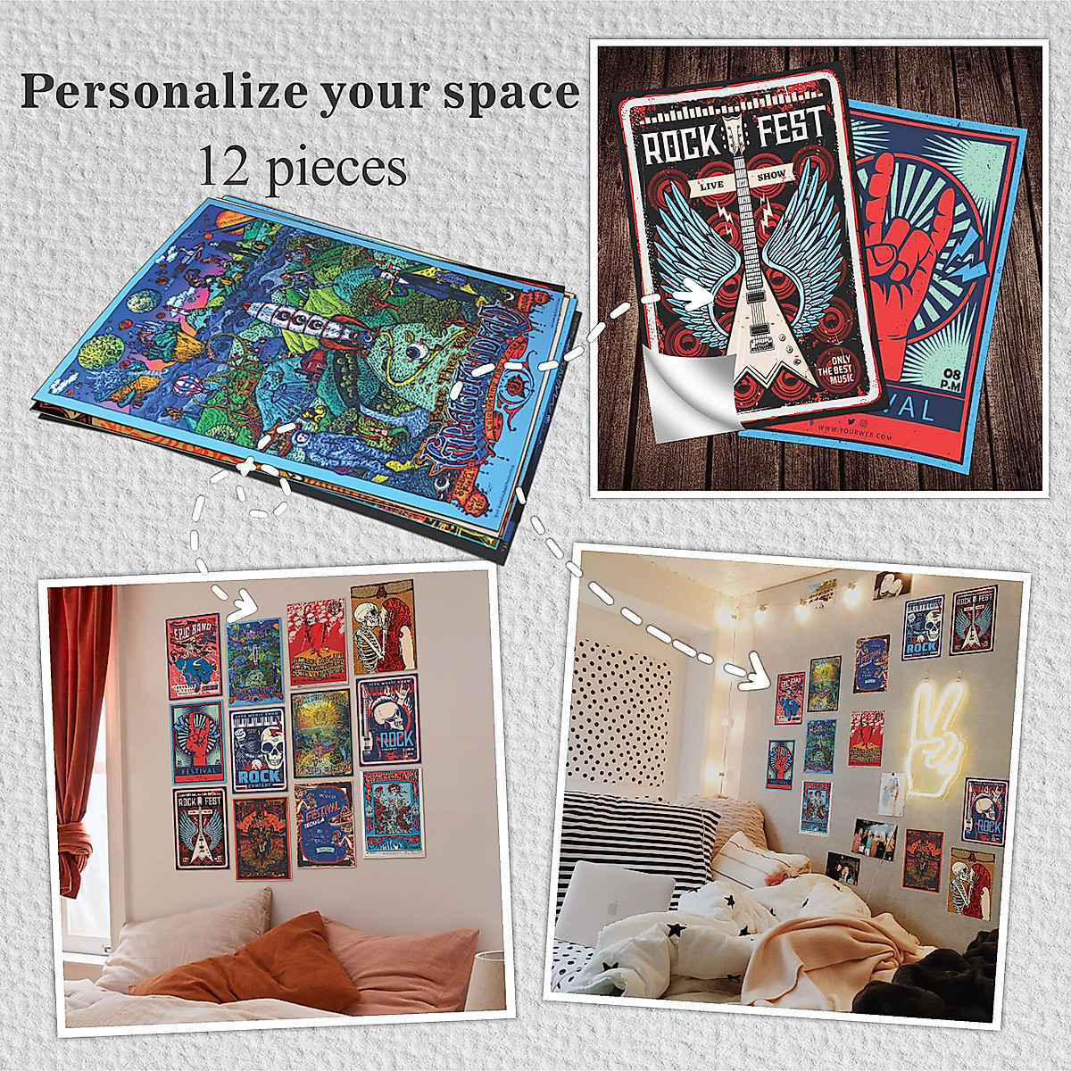 HK Studio Grunge Room Decor Aesthetic Posters - Skeleton Hippie Room Decor 8" x 12" Pack 12