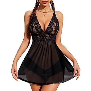 Avidlove Women V-neck Lace Babydoll Mesh Chemise Sleepwear Sexy Open Back Lingerie Black Small