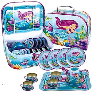 Mermaid Teapot Set for Kids Tea Party Kitchen Pretend Play - 15 Piece Under The Sea Metal Tea Time Toy for Girls