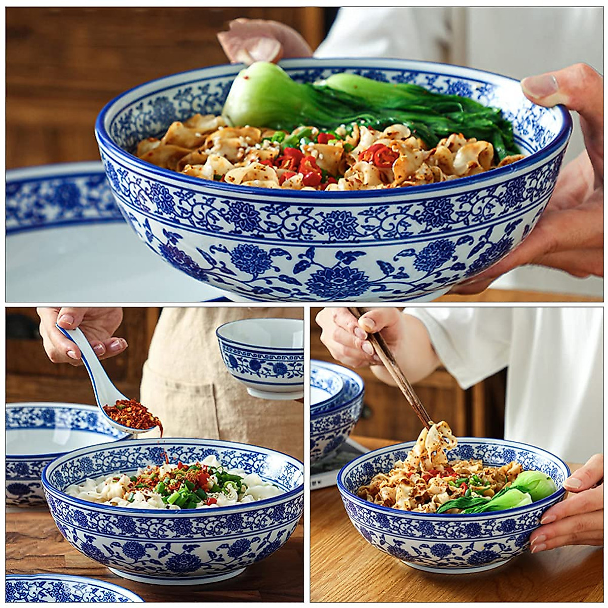 Hemoton Chinese Porcelain Porcelain Soup Bowl Blue and White Salad Bowl Noddle Serving Bowl Food Container for Miso Soup Pho Udon 8inch