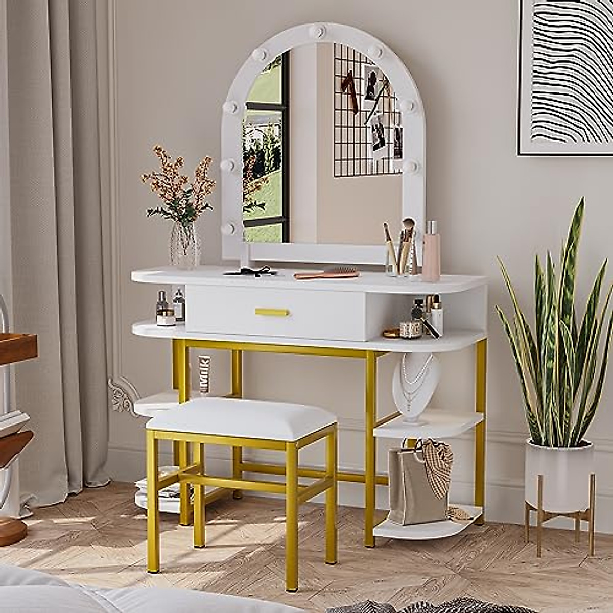 Semiocthome White Vanity Mirror with Lights and Table Set with Drawers, 9 LED Lights Makeup Vanity Desk with Stool, Girls Vanity Table with 6 Shelves, Gold Metal Frame Dressing Table with Chair