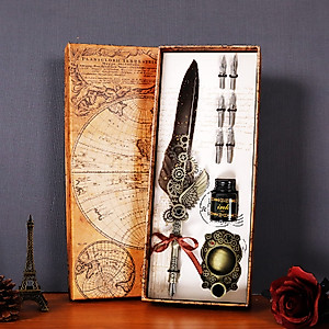 Feather Pen Set,Calligraphy Fountain Dip Feather Pen and Ink Set for Writing,Christmas Gift for Handwriting Lovers Birthday Gift,Luxury Vintage Signature Pen-Grey