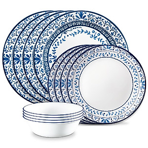 Corelle Vitrelle Glass Dinnerware Set, Chip & Crack Resistant Triple Layer Glass, 12-PC Dinnerware Set, Portofino