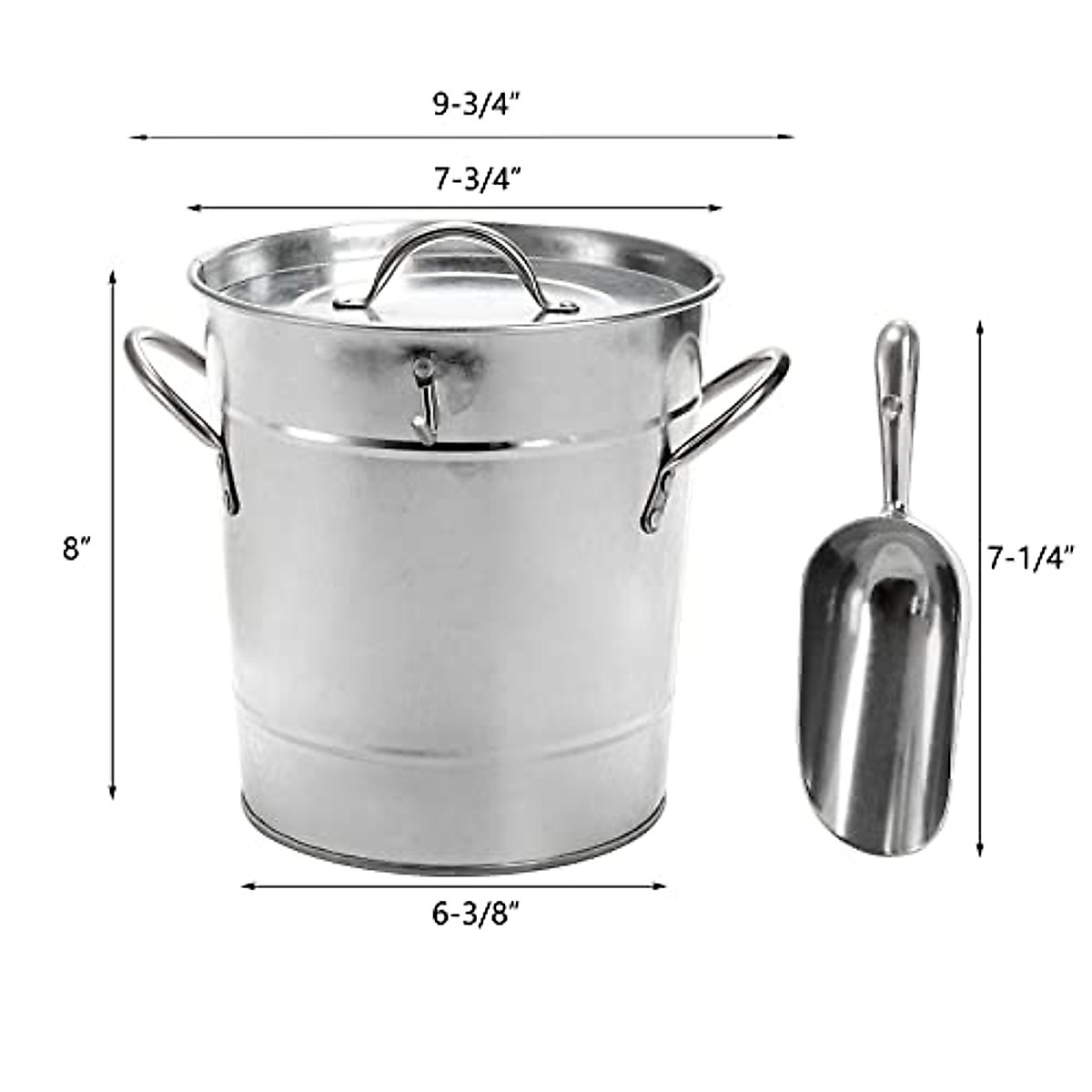 YOUEON 4L Ice Bucket with Scoop and Lid, Galvanized Metal Bucket with Carry Handles, Double Walled Wine Bucket Chiller, Beverage Tub for Parities, Picnics, Camping, Outdoor Bar Use, Silver
