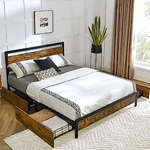 LAGRIMA Queen Size Bed Frame with 4 Drawers, Metal Platform Storage Wooden Headboard & Large Space, Mattress Foundation Slat Support, No Box Spring Needed, Easy Assembly, Rustic Brown, (BT-832)
