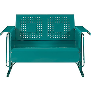 Crosley Furniture Bates Retro Metal Outdoor Loveseat Glider + 3-Piece Seating Set with Side Table and 2 Chairs, Turquoise Gloss