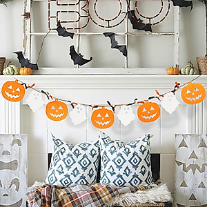 Halloween Decorations-Felt Pumpkin Ghost Wood Beads Garland for Halloween Decorations Indoor-Pumpkin Ghost Garland Banner for Home Party Fireplace Mantle Windows Decor