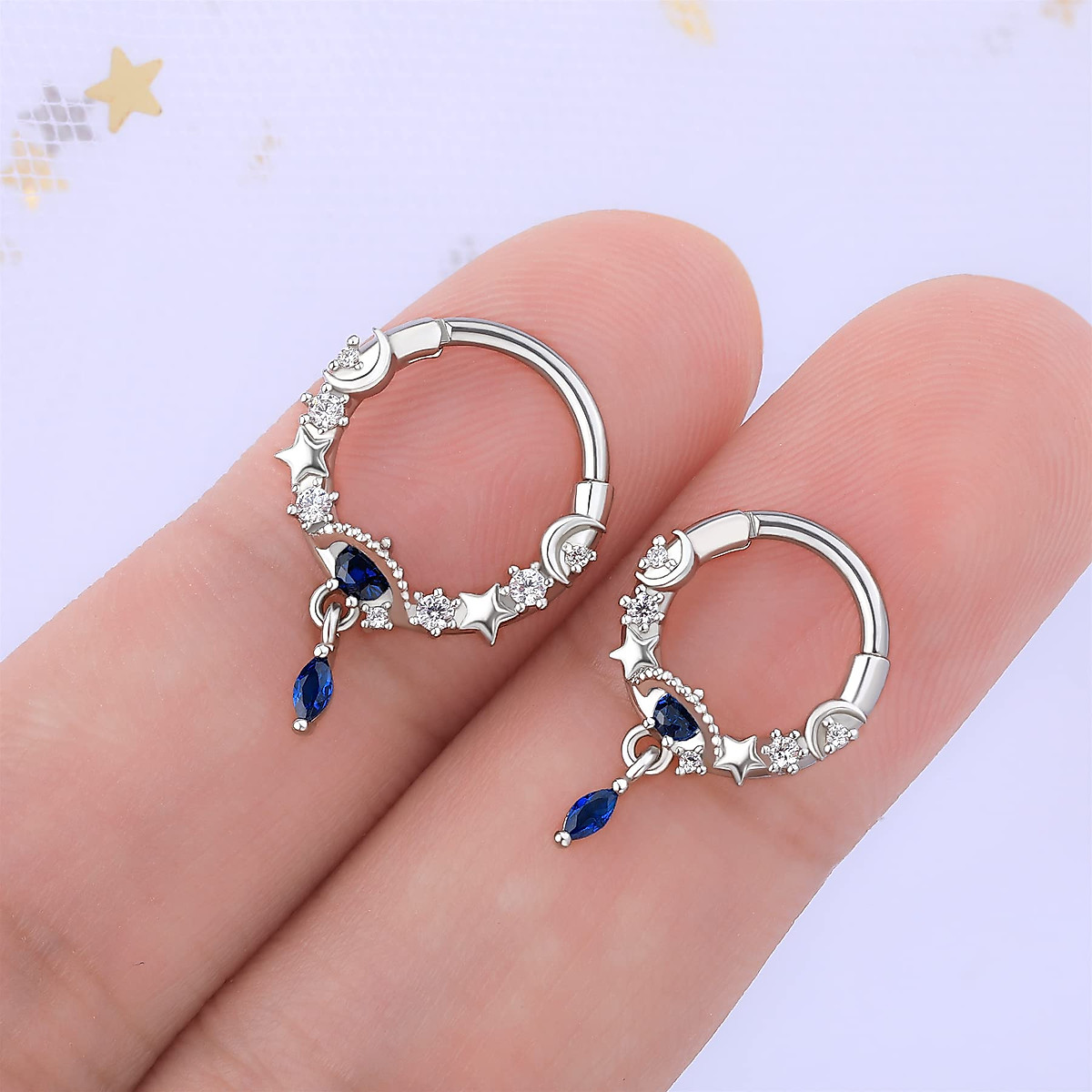 Melighting 16G Septum Rings Dangle Septum Jewelry with Blue Planet Clear CZ Surgical Steel 316L Star Daith Earrings Moon Helix Earring Nose Rings Piercing for Women Men