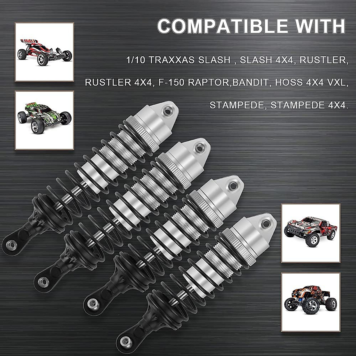OGUNKE RC 4PCS Aluminum Front & Rear RC Shocks for 1/10 RC Truck Traxxas Slash 2WD/4x4 shocks Rustler 4X4 shocks Stampede 4X4 shocks Hoss 4X4 Replace 5862 (Silver)