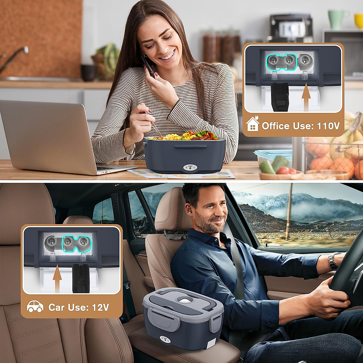 Vabaso Electric Lunch Box for Adults, 80W Heated Lunch Box with 2 Stainless Steel Container, 1.5L Portable Food Warmer Lunch Box for Work Men Car Truck, 110V/12V/24V/220V