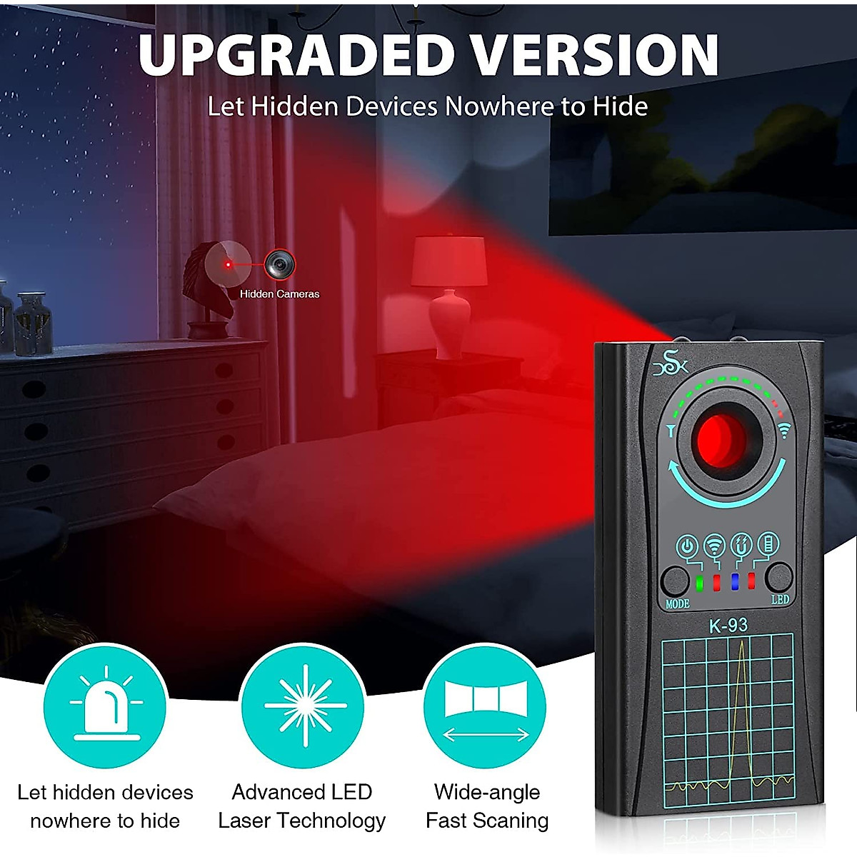 QNTT Hidden Camera Detectors, Anti Spy Detector, Hidden Camera Bug Detector Wand 12 Levels Sensitivity RF Signal Detector for GPS Tracker Audio Device