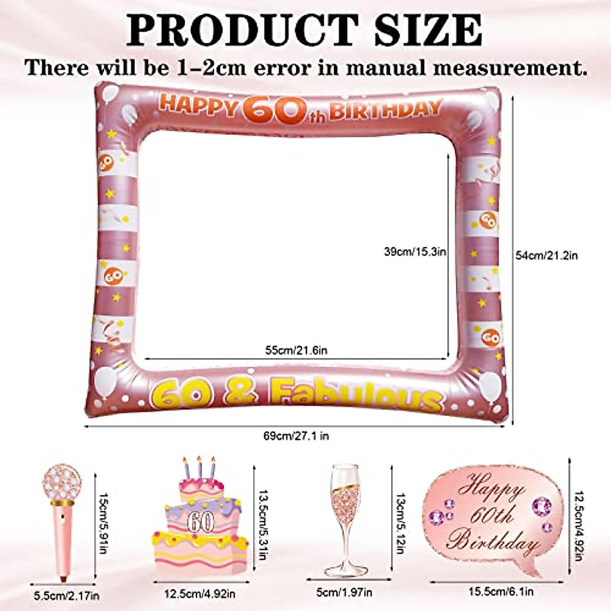 60th Brithday Decoration, 30PCS 60th Birthday Photo Booth Props, LMSHOWOWO Inflatable Photo Booth Frame, Rose Gold Inflatable Selfie Frame, Glitter Birthday Party Photo Props, for Women Birthday Gifts