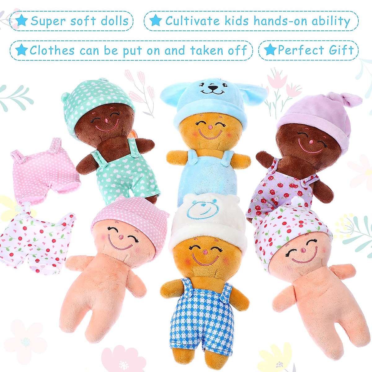 Skylety 6 Pieces 7 Inches Basket of Babies Soft Baby Doll Multicultural Dolls Sensory Plush Diversity Baby Dolls Stuffed Plush Figures for All Ages