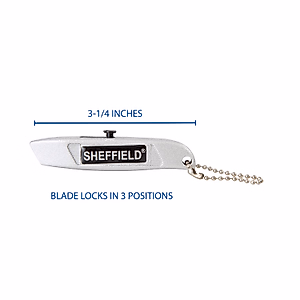 Sheffield 12245 Mini Retractable Utility Knife | Mini Boxcutter, Metal Body, Classic Style, Comes with a Chain that Allows It to Hook on to a Key Ring | Cuts Boxes, Twine, etc. | Useful for Many Jobs
