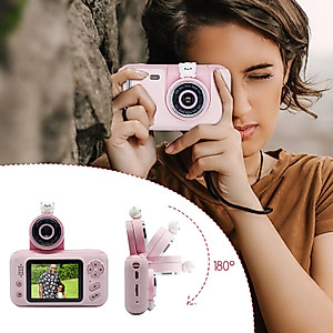 toyofmine Kids Camera, Kids Digital Camera with Flip Lens, HD Digital Video Cameras for Toddler,Christmas Birthday Gifts and Portable Toy for 3 4 5 6 7 8 9Year Old with 32GB SD Card-Pink