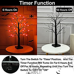 TURNMEON 2 Pack 24 Inch Halloween Birches Tree Decorations with Timer Total 48 LED Orange Lights Battery Powered Tabletop Artificial Black Spooky Tree for Halloween Decorations Indoor Home Decor