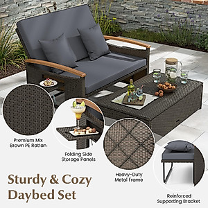 HAPPYGRILL Outdoor Wicker Sofa Daybed, Rattan Loveseat with Folding Panels & Storage Ottoman, 4-Level Adjustable Backrest, Cozy Cushions Included, Sun Lounger Daybed for Backyard Porch, (Grey)