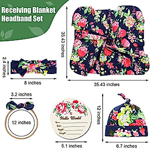 Yahenda 5 Pieces Baby Newborn Receiving Blanket with Headband Hat Set and Personalized Wood Birth Announcement Card Flower Print Baby Swaddle Receiving Blankets
