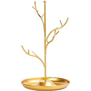 ChezMax Jewelry Display Necklace Earring Organizer Holder Metal Birds Tree Stand with Tray Antique Bracelet Rings Rack Tower Decoration for Women Girl Gold 9.4 Inch