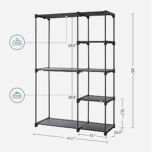 SONGMICS Freestanding Closet Organizer, 44-Inch Clothes Rack with 2 Hanging Rods, Portable Wardrobe Clothes Organizer with 4 Storage Shelves, Gray URYG024G02