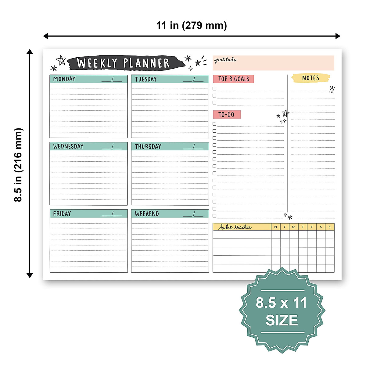 Weekly Planner Notepad - 52 Tear-Off Sheets, 8.5 x 11” Notepad Goal Tracker Organizer with Space for Daily Schedule, To Do List, Notes, and Habit Tracker
