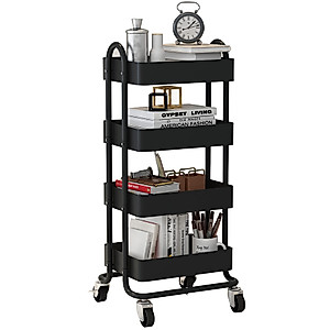MIOCASA 4-Tier Metal Utility Rolling Cart, Heavy Duty Multifunction Cart with Lockable Casters, Easy to Assemble, Suitable for Office, Bathroom, Kitchen, Garden (Black)