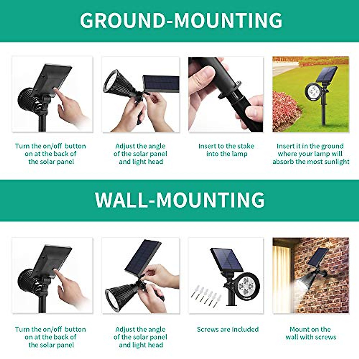 Nekteck Solar Lights, 2-in-1 Solar Spot Lights Outdoor, Waterproof Solar Powered Landscape Spotlights, Bright and Dark Sensing, Auto On/Off for Yard, Pathway, Garden, Driveway (2 Pack, Warm White)