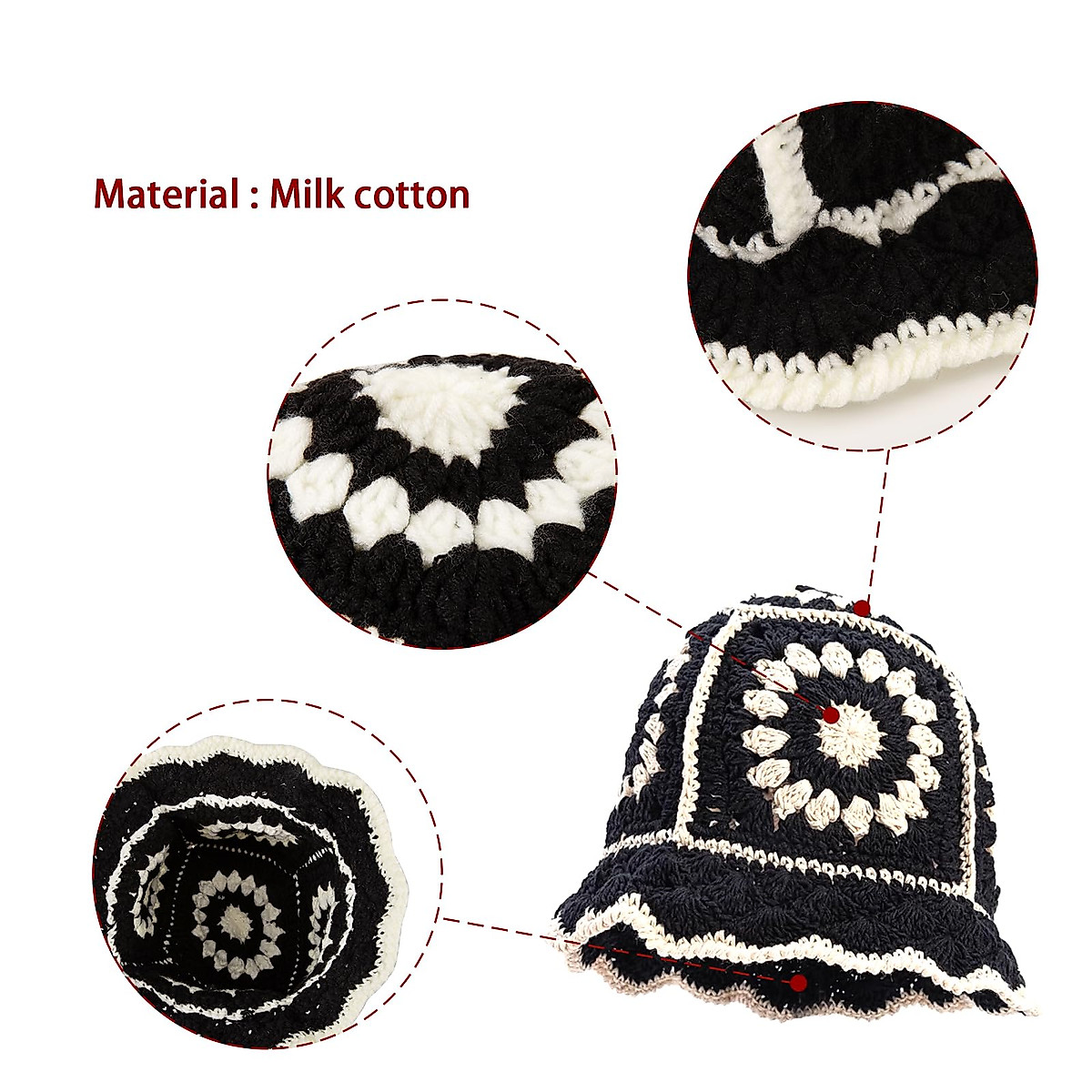 Women Crochet Bucket Hat Knitted Bucket Hat Handmade Cute Flower Pattern Beach Hat Outdoor Cute Striped Floral Fishing Hat Knit Bucket Hats Fisherman Hat for Women Multicolor