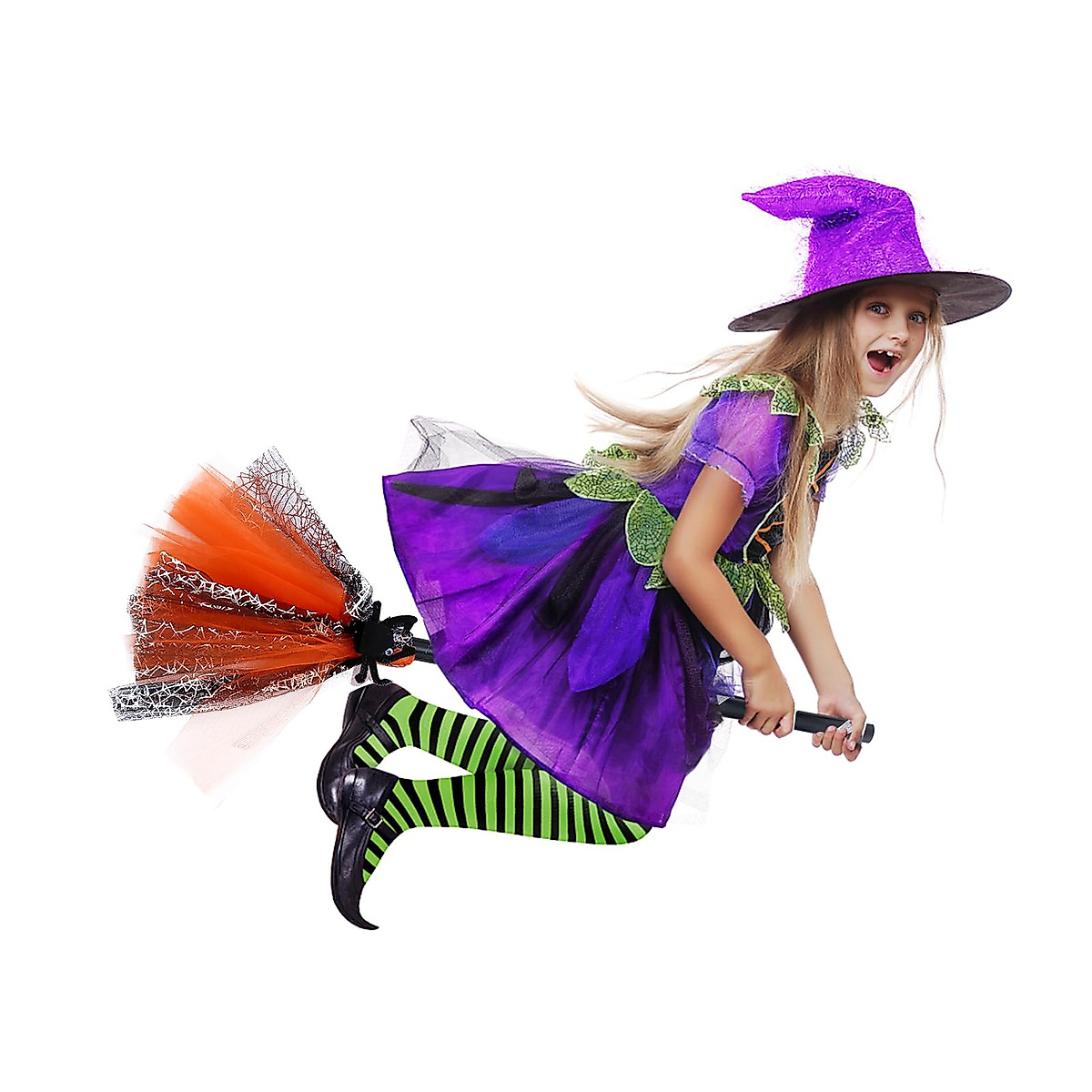 Beavorty Halloween Witch Broom Witch Broomstick Cosplay Broom Props Realistic Wizard Flying Broom Stick Accessory for Costumes Orange