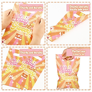 100 Pack Groovy Party Bags Hippie Boho Candy Bags Two Groovy Plastic Goodie Bags 60's 70's Hippie Party Favor Treat Bag with Handles for Hippie Boho Groovy Daisy Flower Birthday Party Supplies
