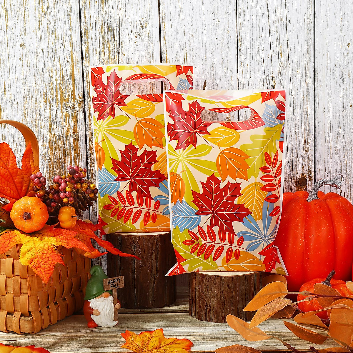 Whaline 50Pcs Fall Party Favor Bags Plastic Treat Bags with Handles Maple Leaves Decorative Goodie Candy Bags for Autumn Thanksgiving Party Gift Wrapping Supplies