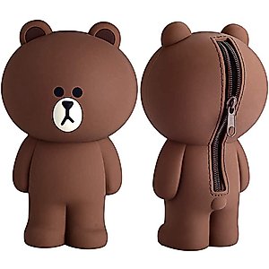 Pencil Case 3D Silicone Cartoon Cute Brown Bear Storage Box with Back Zipper Portable Hand-held Wallet Students Stationery Pen Holders Cosmetic Makeup