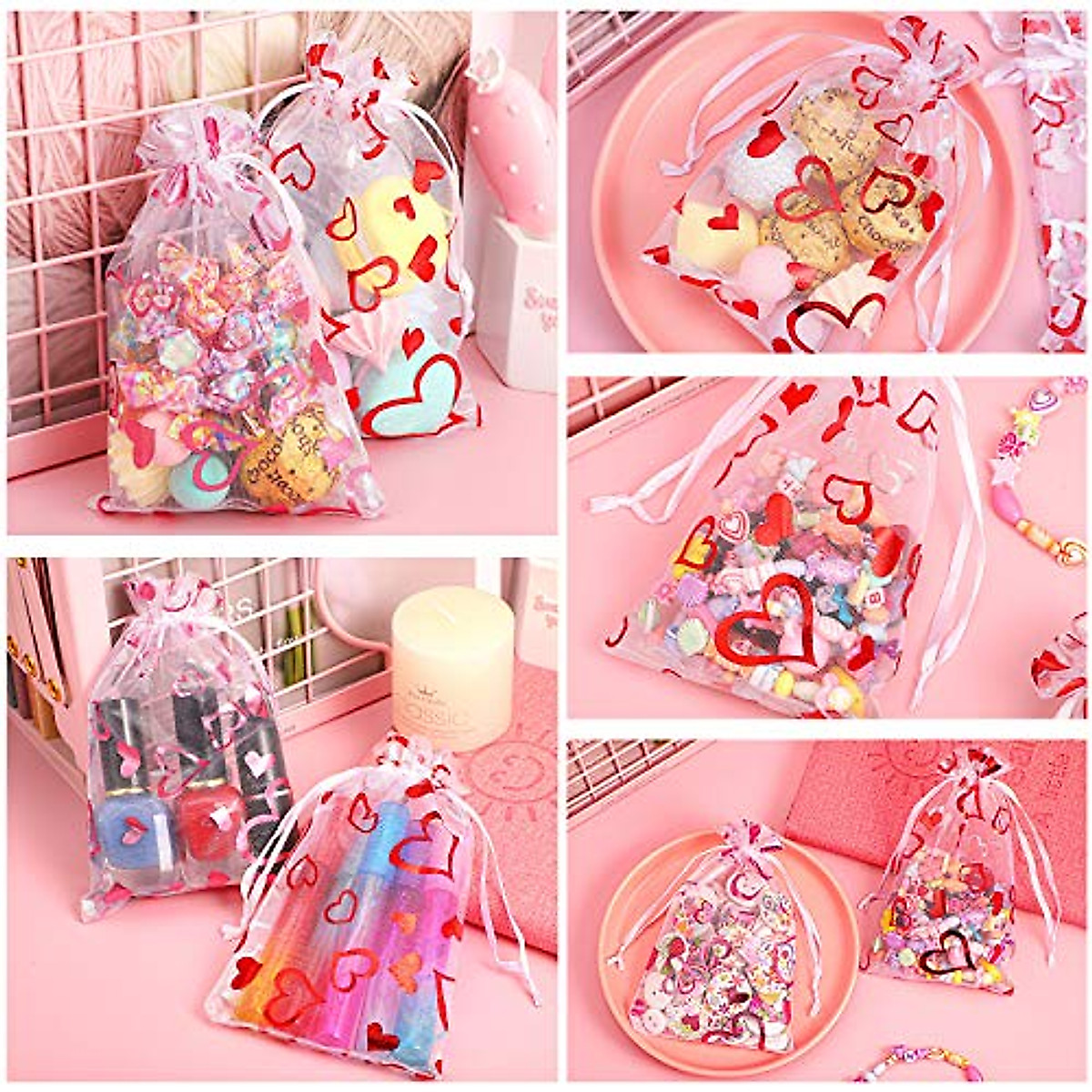 Shappy 100 Pieces Heart Organza Bags with Drawstring Jewelry Pouch Bags Candy Cookies Packaging Bags for Mother's Day Birthday Wedding Festival Party Favor Supply (Red, Rose Red,2.8 x 3.5 Inch)