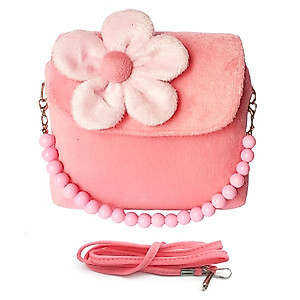 Elesa Miracle Little Girl Handbag Beauty Set Kids Plush Handbag + Flower-Shaped Clip-on Earrings Rings Hair Clips and Hair Ties + Necklace and Bracelet Set (Pink)