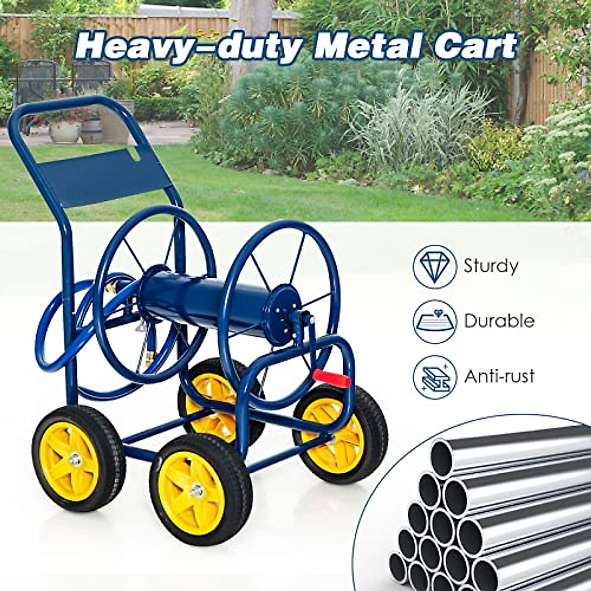 Goplus Garden Hose Reel Cart, Heavy Duty Water Planting Cart w/Non-slip Crank Handle, 4 Solid Wheels, Outdoor Hose Reel Holds 330 FT of 3/4", 5/8” & 400 FT of 1/2" Hose for Garden Yard Lawn Farm