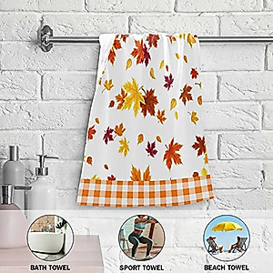 Pfrewn Fall Autumn Maple Leaves Hand Towels for Bathroom Set of 2 Orange Plaid Check Tartan Kitchen Dish Hanging Towel Absorbent Soft Thanksgiving Day Decor, 16x30 in