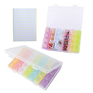 2 Pack 28 Grids Colorful 5D Diamond Painting Embroidery Box, Accessories Storage Containers Adjustable Bead Case with 196 Pcs Label Stickers (28 Grids-2pack Colorful)