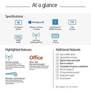 HP Stream 14" HD Laptop PC, Intel Celeron N4000, 4 GB RAM, 64 GB eMMC, Windows 10 S, Blue
