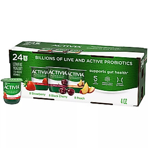 Activia Probiotic Lowfat Yogurt, Variety Pack - Milk Fat Vitamin D, Supports Gut Health - Strawberry, Black Cherry and Peach - 4 Pack (24 x 4 oz, Each) - Ready Set gourmet Donate a Meal Program