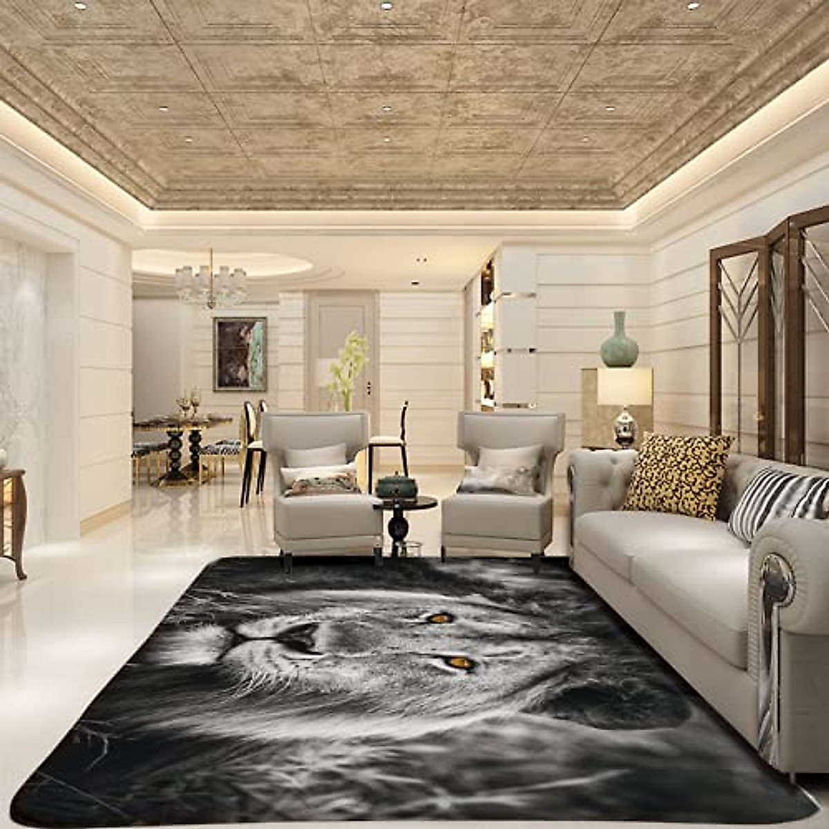 XYHH Area Rug Black and White Gray Lion Head for Living Room Dining Room Bedroom playroom Parent-Child Game mat Study Office Room Decor lz,58x80in,White 13