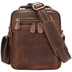 Jack&Chris Leather Messenger Bag for Men, Man Purse Crossbody Bags for Work Business, Red Brown