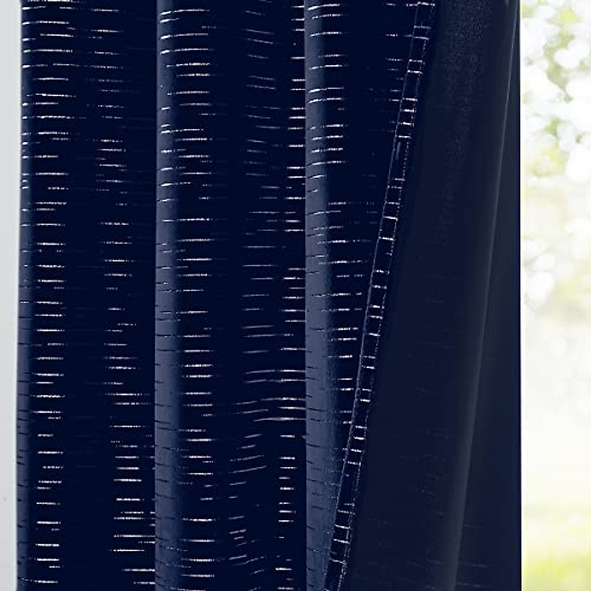 PLWORLD Navy Blue Decorative Velvet Curtains 84 Inch Long for Living Room Bedroom, Soft Luxury Line Pattern Metallic Printed Window Treatment, Grommet Top Drapes 52" W 2 Panels