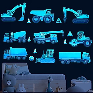 Construction Wall Decals Glow in The Dark Wall Stickers City Vehicles Car Wall Decal Luminous Truck Excavator Tractor Decals Transportation Sticker Boys Kids Bedroom Playroom Nursery Ceiling Decor