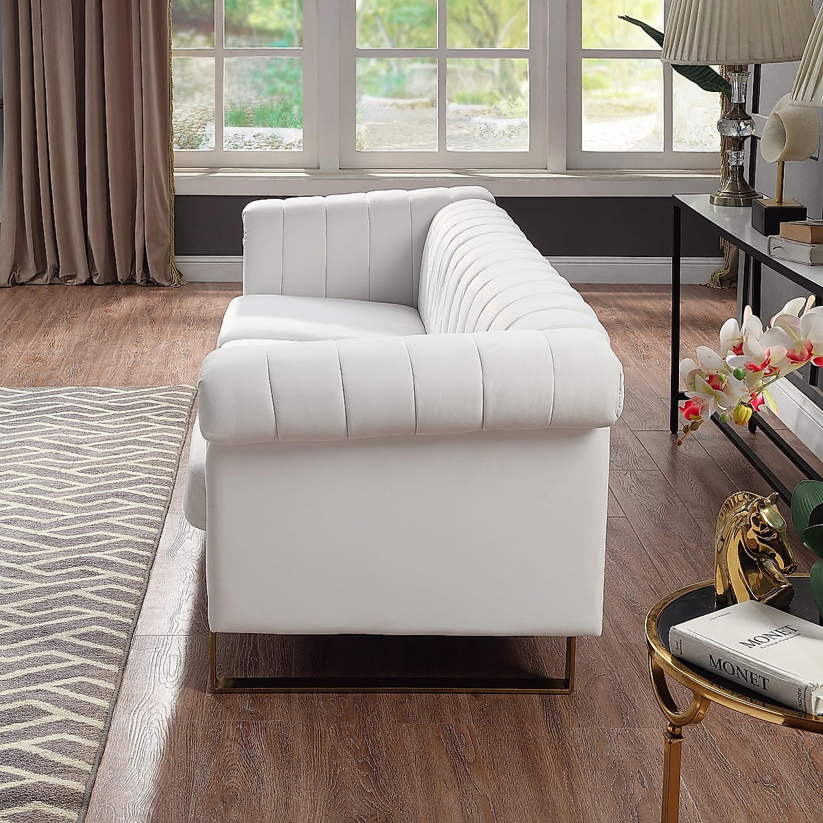 MULEJYBO 84" Velvet Sofa Couch, Chesterfield 3 Seater Couch with Rolled Armrest for Living Room, Mid-Century Modern Sofa with Brushed Metal Feet, Beige