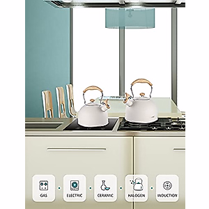 Tea Kettle, BELANKO 85 OZ / 2.5 Liter Whistling Tea Kettle Pots for Stove Top Food Grade Stainless Steel with Wood Pattern Folding Handle, Loud Whistle for Tea, Coffee, Milk - Milk White