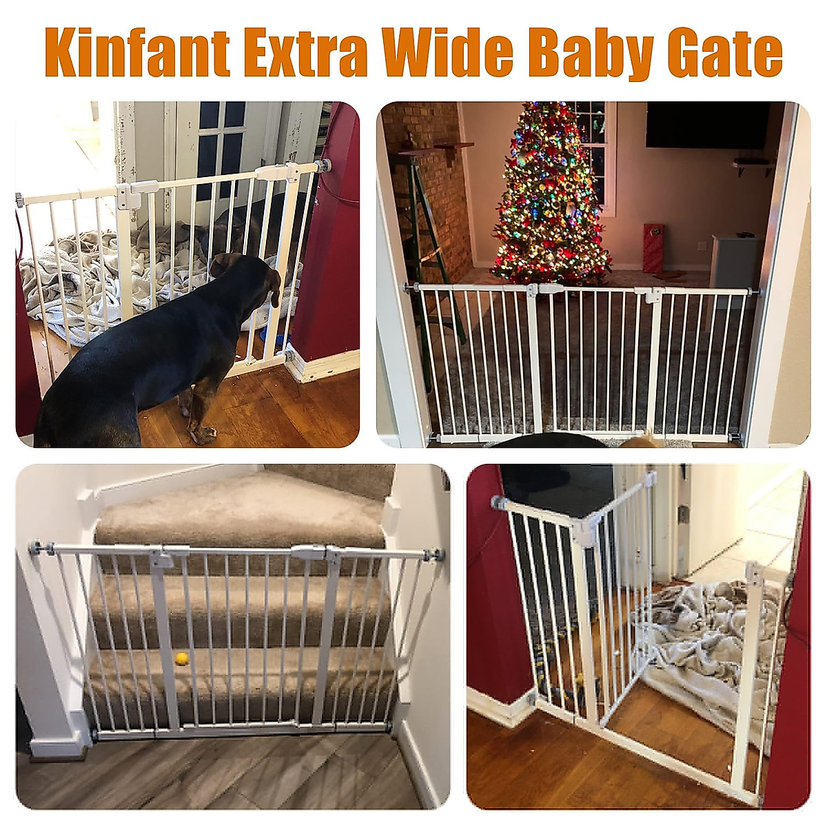 Kinfant Extra Wide Baby Gate - 58-Inch White Doorway & Stair Gate, Tall & Adjustable Extension Pressure Pet Gate, with Extension Kit, Pressure Mount Kit, Wall Cups
