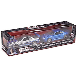 Fast & Furious Brian's Nissan Skyline GT-R R34 Silver & Nissan GT-R R34 Blue 1:32 Die - cast Car, Toys for Kids and Adults