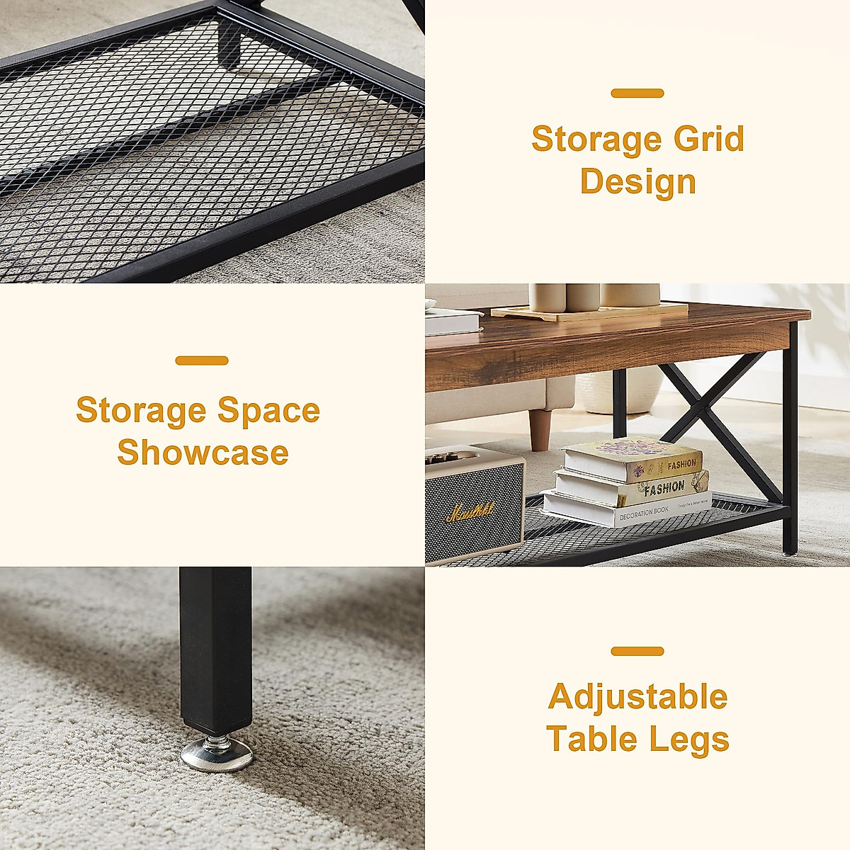 VECELO Coffee Table with 2-Tier Storage Shelf X-Frame for Living Room Office Industrial Style, Easy Assembly, Brown