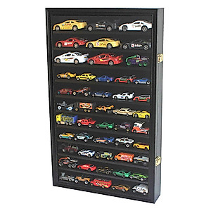 Hot Model Toys Cars Diecast Display Case Cabinet Wall Rack Compatible with Wheels and Matchbox Cars 1/64-1/43 Scale, 26.5" H X 16" W X 3.25" D Black Color Frame